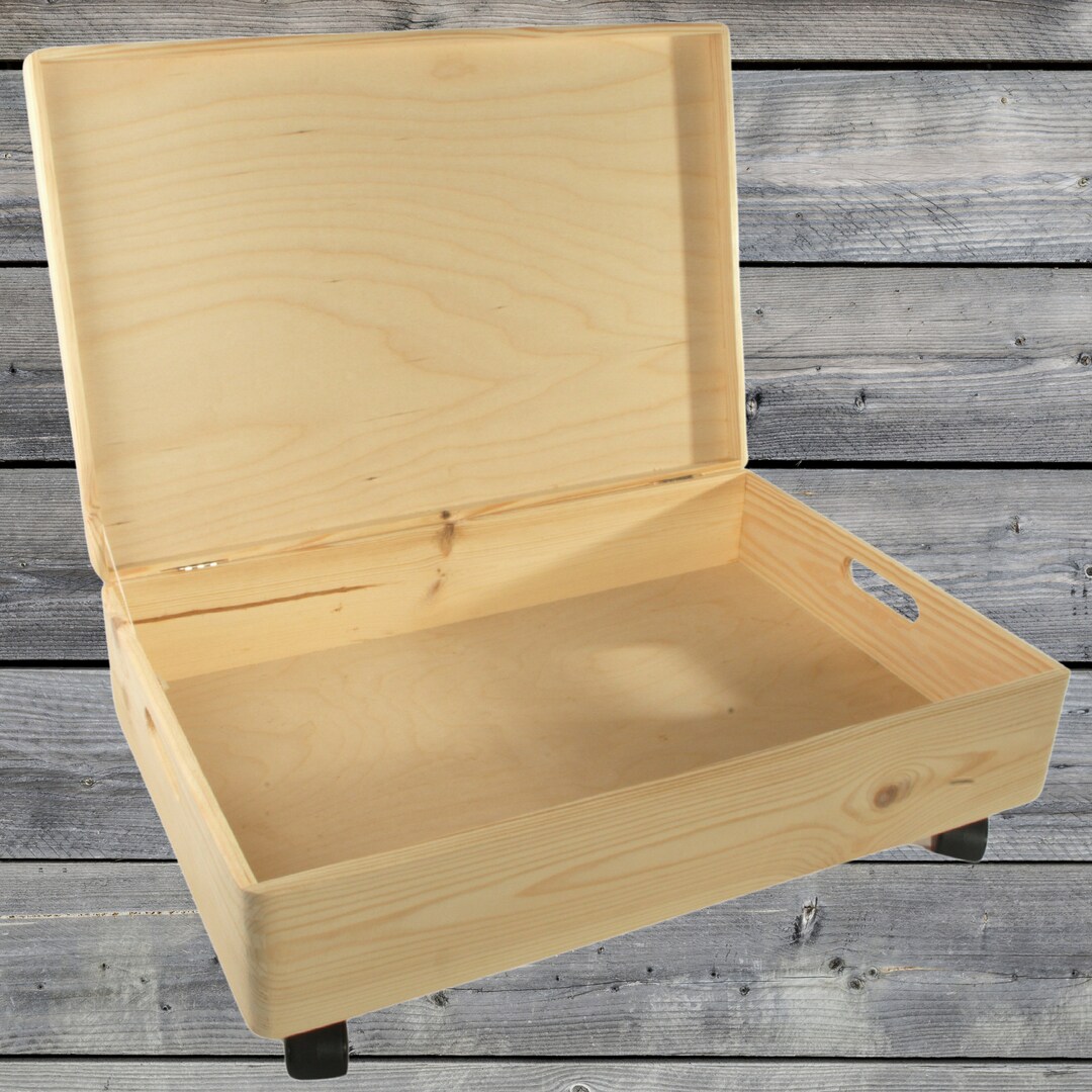 Extra Large Shallow Wooden Storage Box With Hinged Lid & Wheels ...