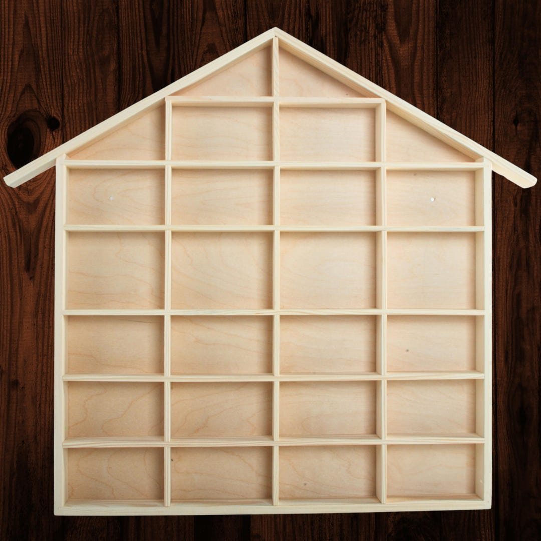Wooden House-shaped Shelf With 26 Compartments Wall Mounted Miniature ...