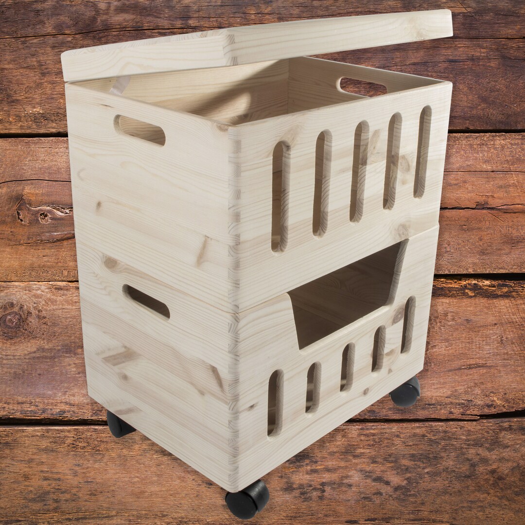 2 Tier Wooden Storage Box With Lid, Handles & Wheels | Multi-purpose ...