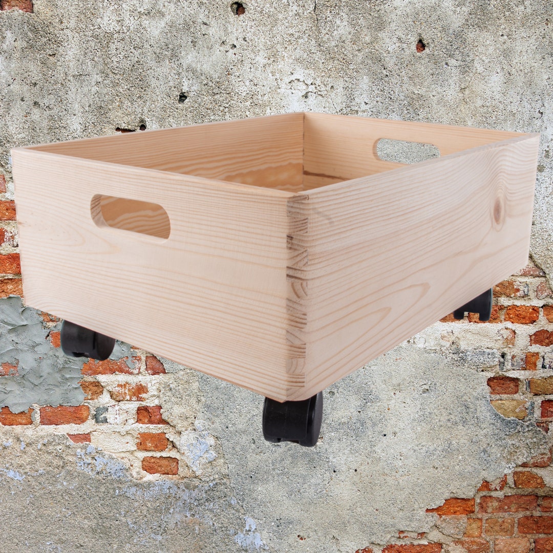 Wooden Display Open Storage Box With Cut-out Handles & Wheels | Mid ...