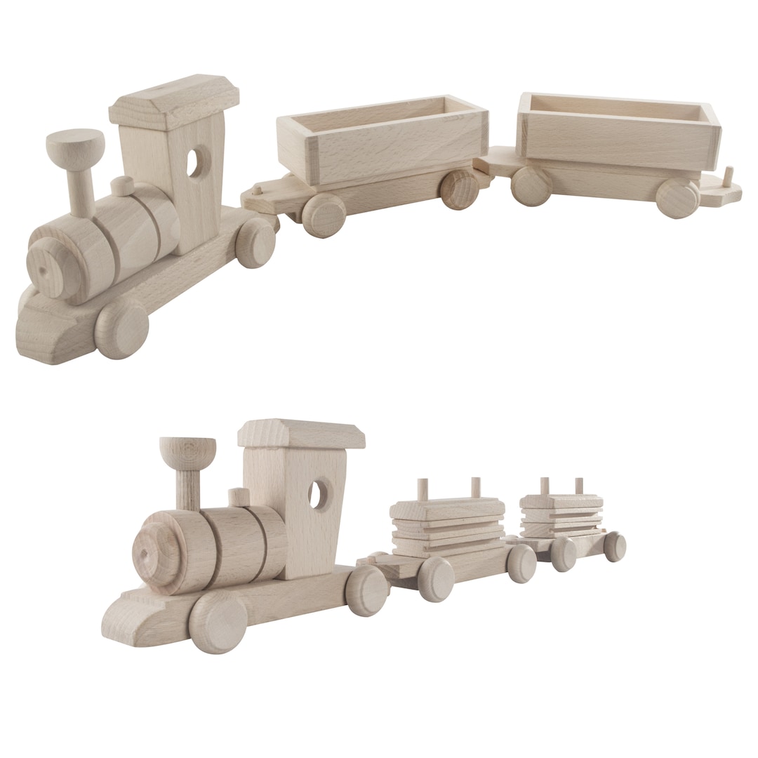 Wooden Railway Engine Train Set 2 Carriages | Handmade Toy | Plain ...