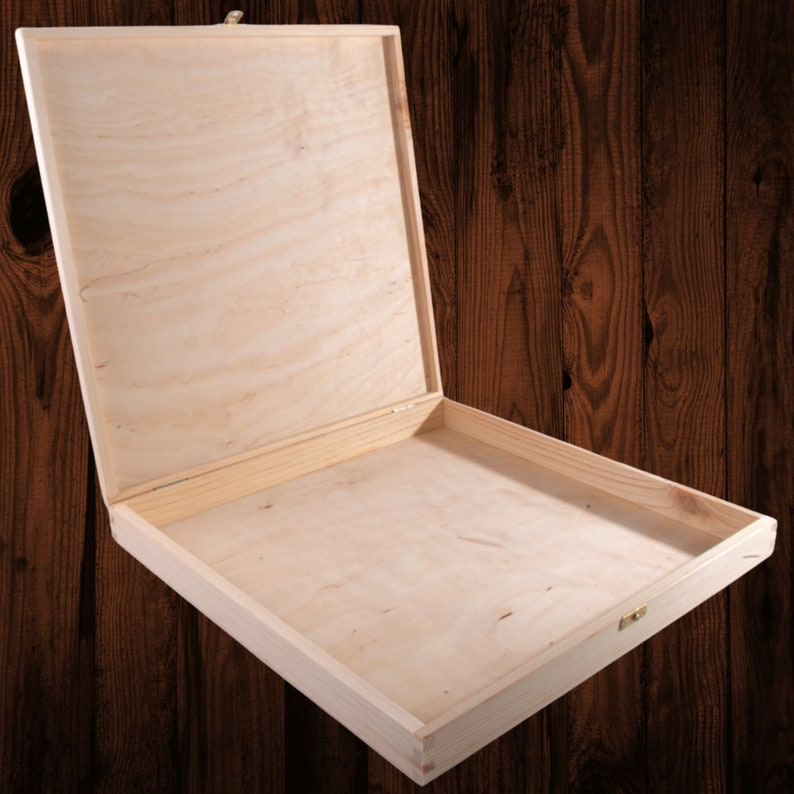 Large Square Shallow Wooden Box With Hasp | 40 X 40 X 5 Cm | Slim ...
