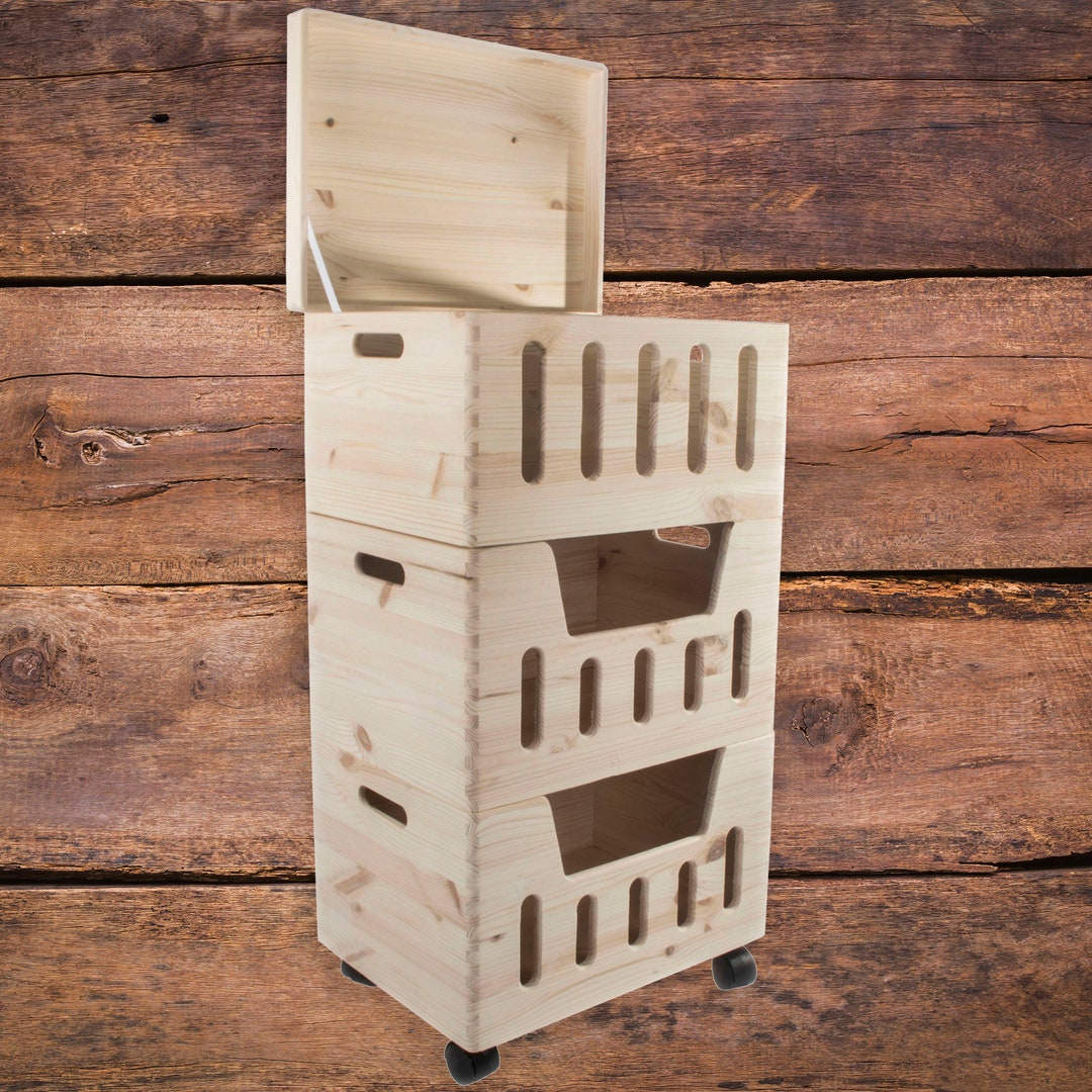 3 Tier Wooden Storage Box With Lid, Handles & Wheels | Multi-purpose ...