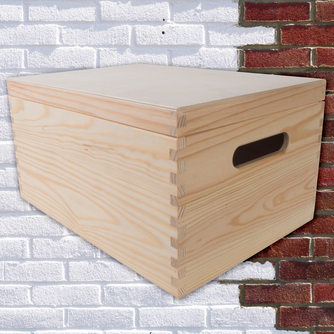 Large Deep Wooden Storage Box With Detachable Lid & Handles | 35x25x18 ...