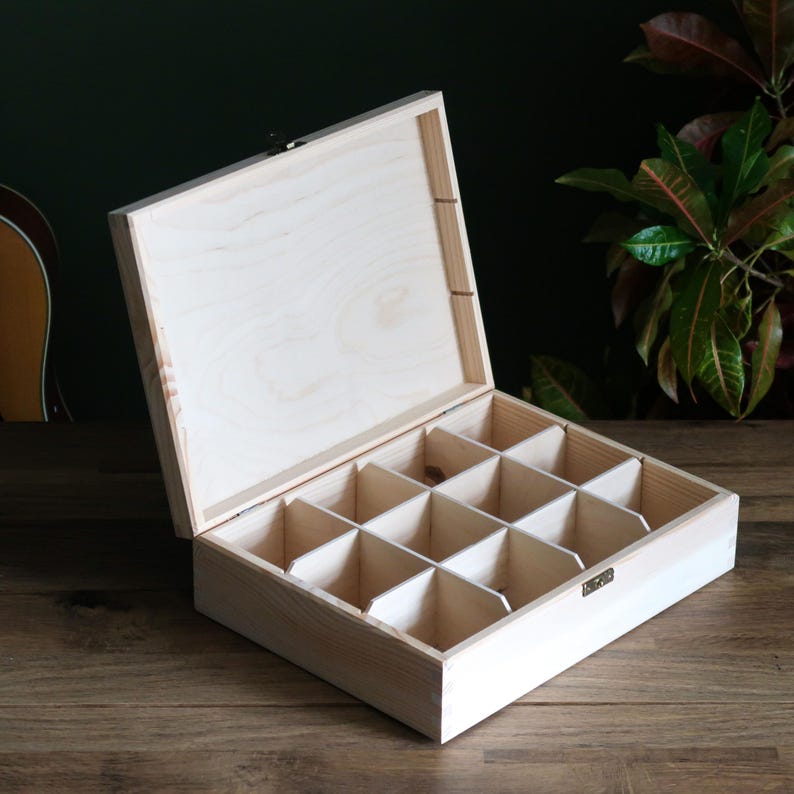 Wooden 12 Compartments Box With Lid | Tea Jewellery Trinket Keepsake ...