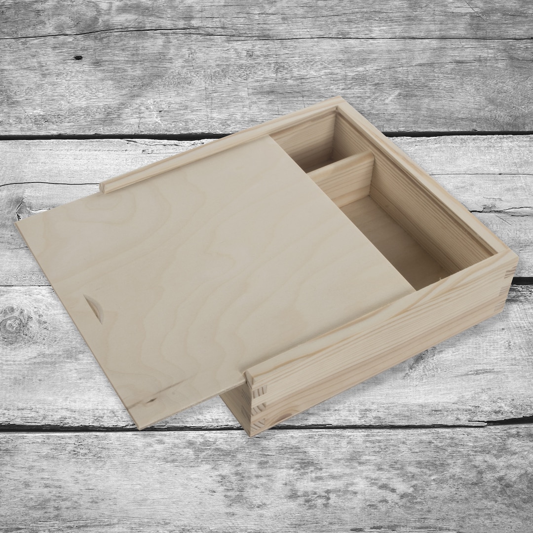 Square Wooden Sliding Lid Shallow Box With 2 Compartments Sections Case ...