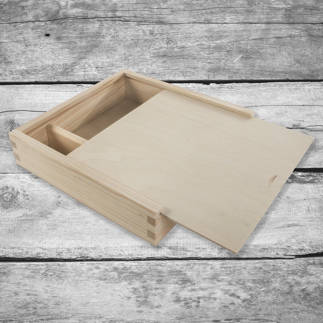 Square Wooden Sliding Lid Shallow Box With 2 Compartments Sections Case ...