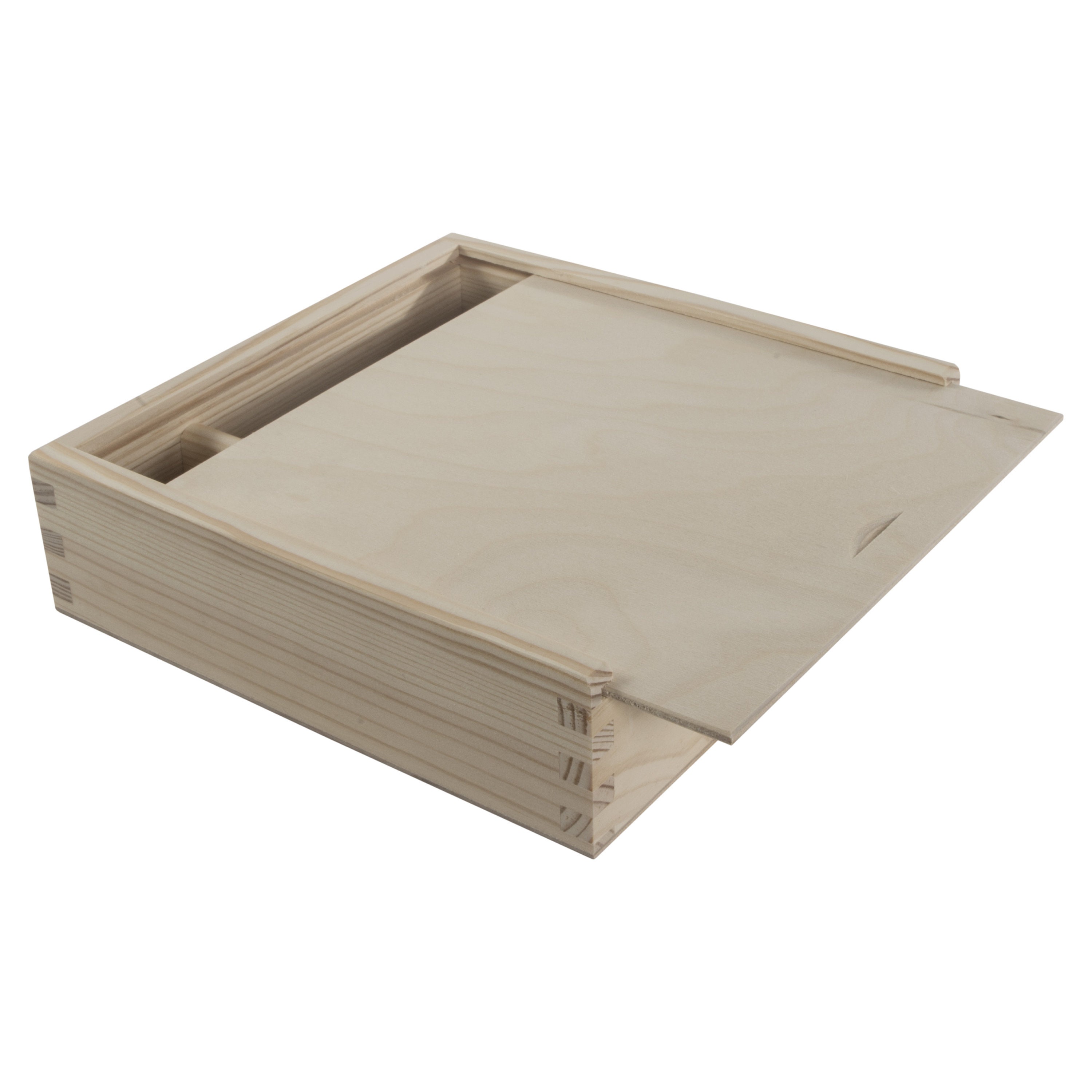 Square Wooden Sliding Lid Shallow Box With 2 Compartments Sections Case ...