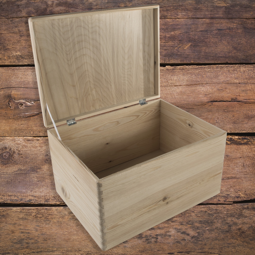 Large Deep Rectangle Wooden Storage Box With Hinged Lid | Keepsake ...