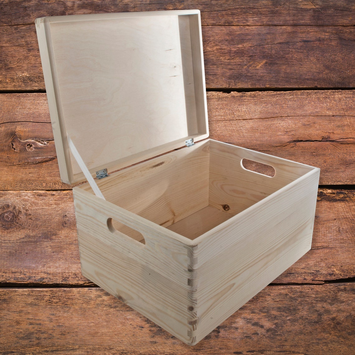 Large Wooden Storage Box With Hinged Lid & Cut-out Handles - Etsy