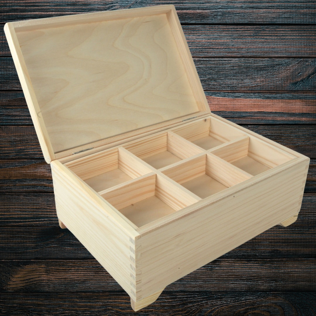 Wooden Chest With 6 Compartments Tray | Trinket Organiser Jewellery ...