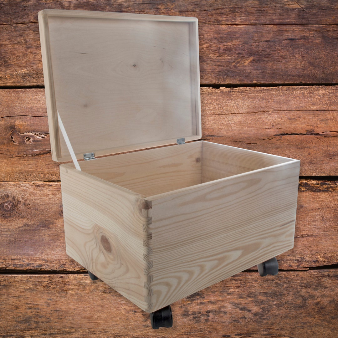 Large Deep Rectangle Wooden Storage Box With Hinged Lid & Wheels ...