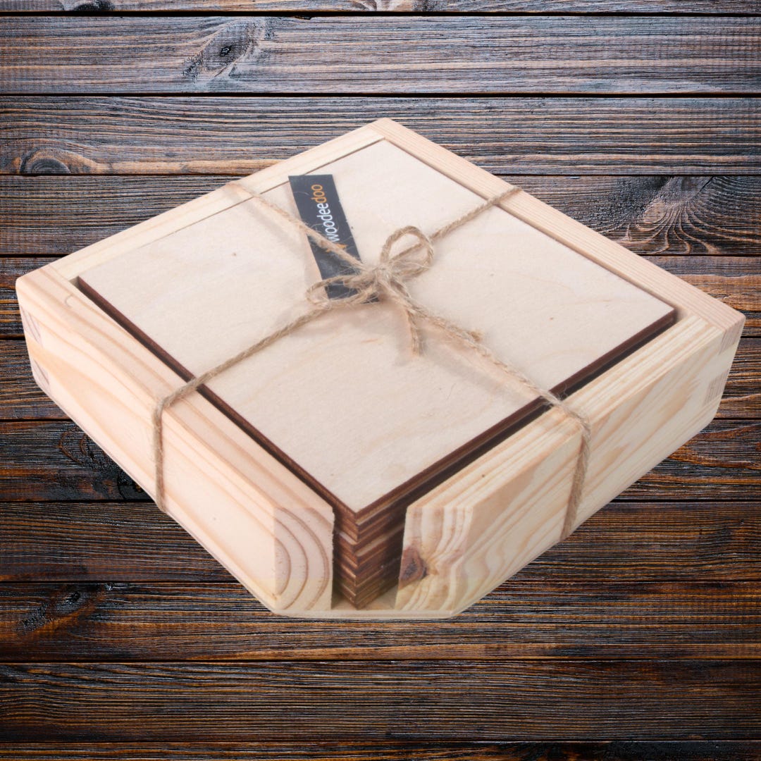 Square Blank Wooden Coasters | Set of 10 & Box Holder | 10x10x0.3 Cm ...