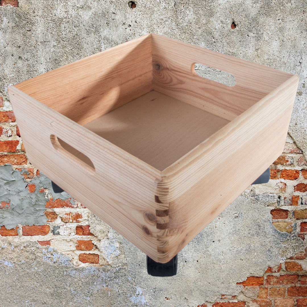 Wooden Square Storage Crate Box With Wheels Cut-out Handles Non-lidded ...
