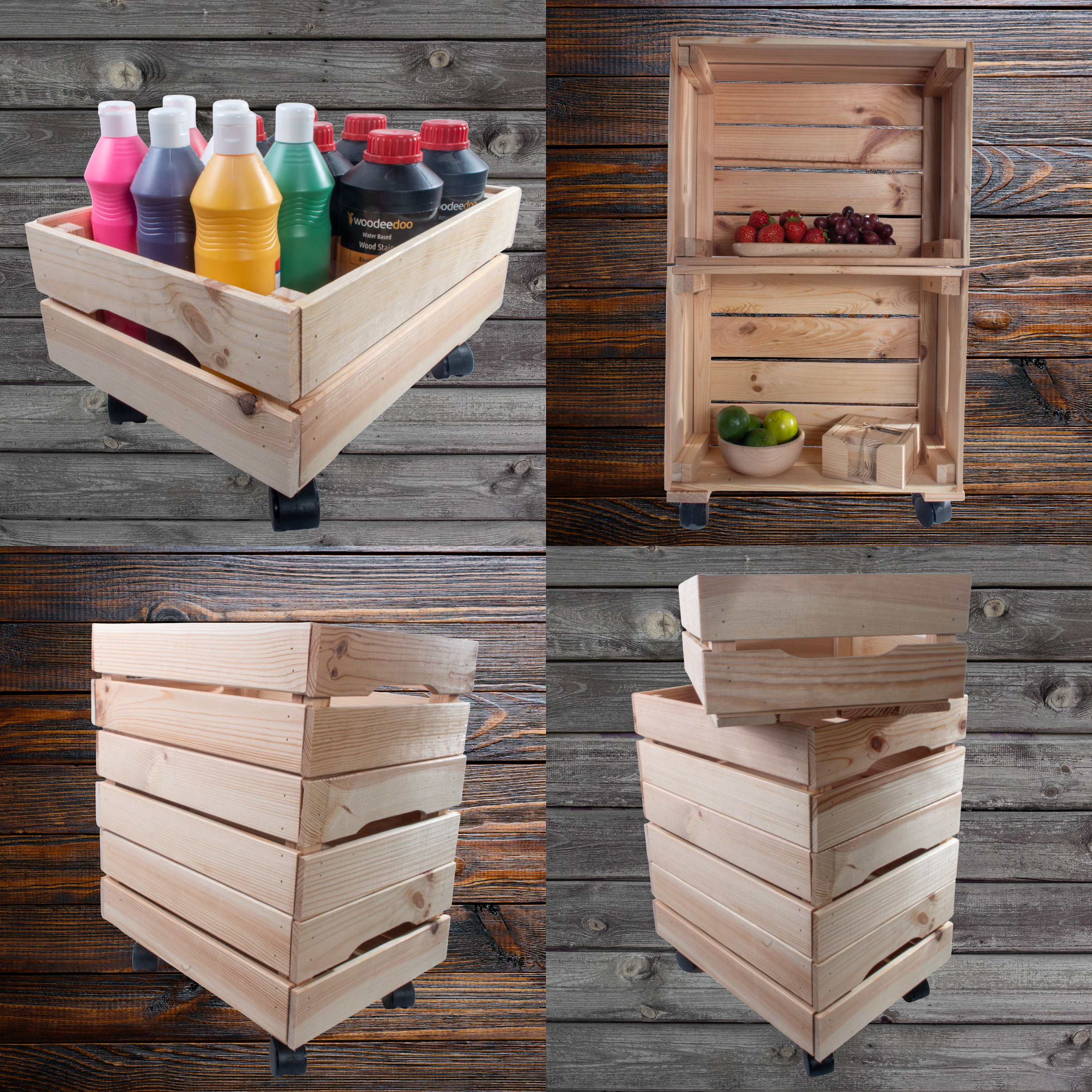 Shallow Stacking Solid Wooden Crate With Wheels | 1-4 Tier | Decorative ...