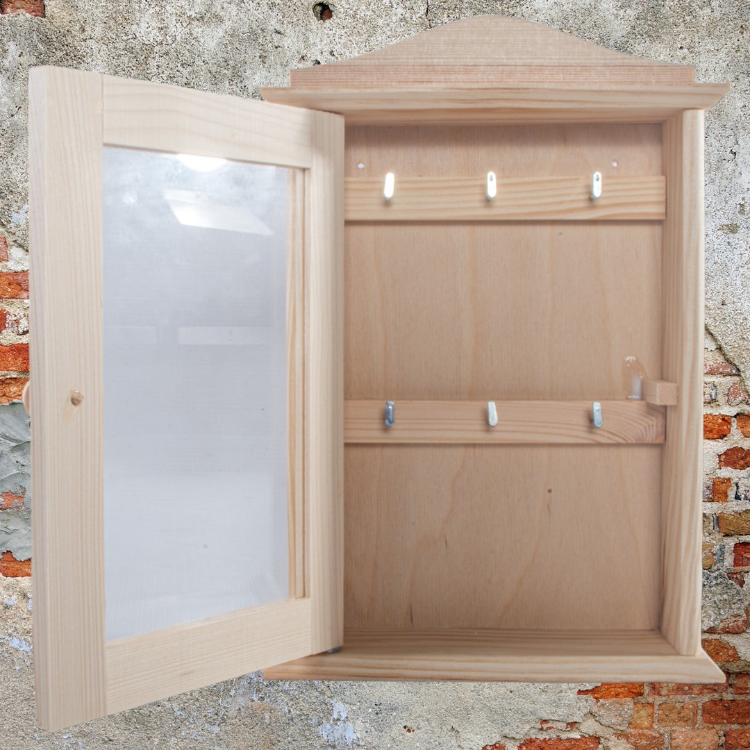 Wooden Key Cabinet Glass Door | 6 Hooks | Wall Mounted Box Key's Rack ...