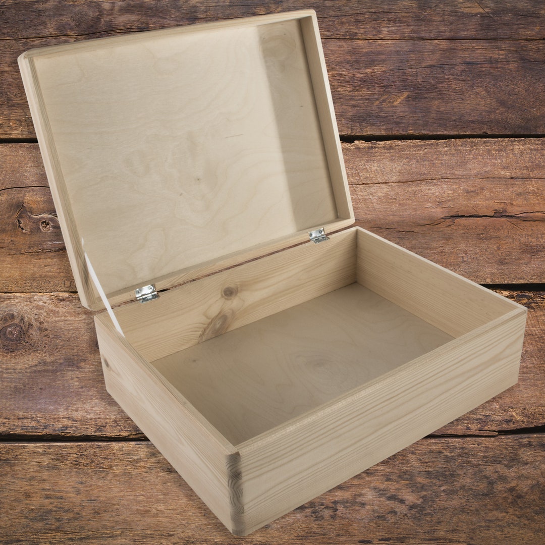 Large Shallow Rectangle Wooden Storage Box With Hinged Lid | Keepsake ...