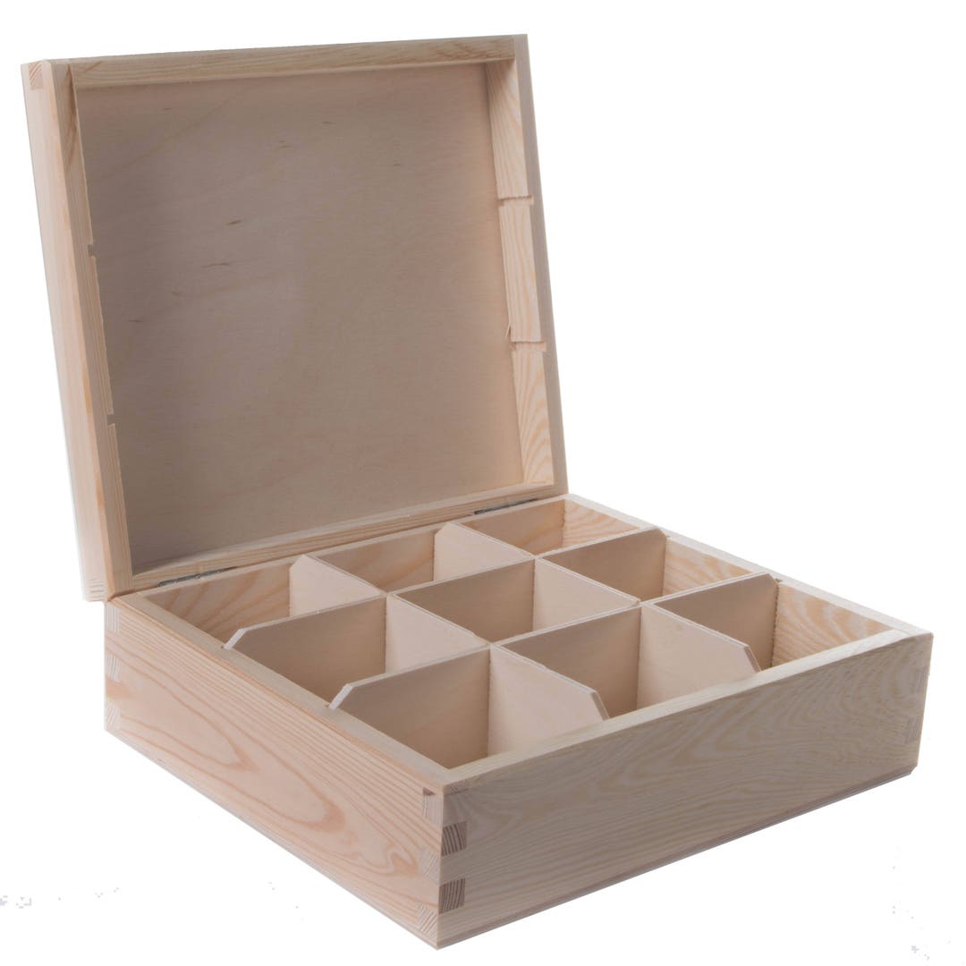 Plain Wooden Square Storage Box With Hinged Lid/ 9 Compartments / Tea ...