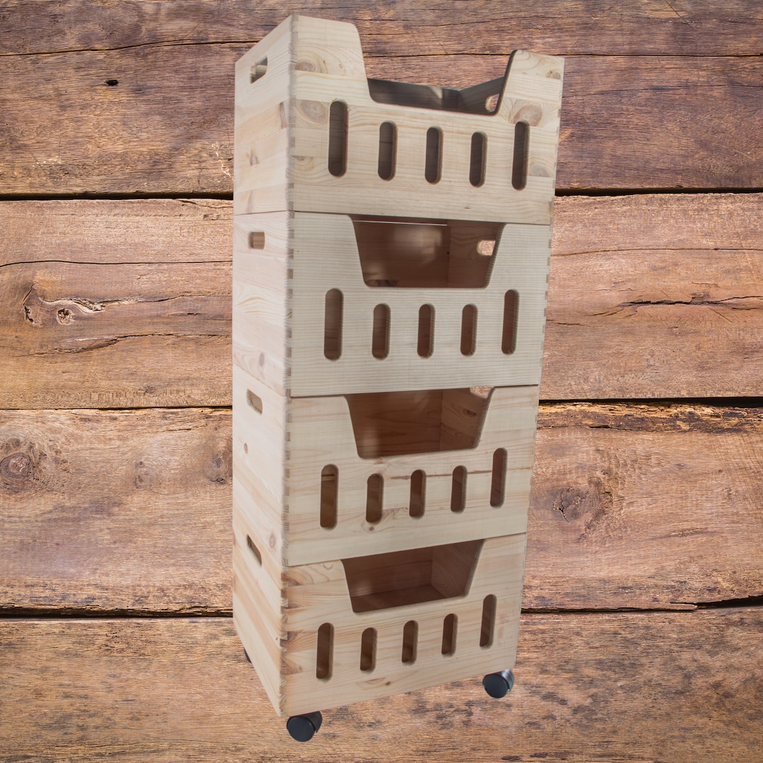4 Tier Wooden Storage Box With Cut-out Handles & Wheels | Multi-purpose ...
