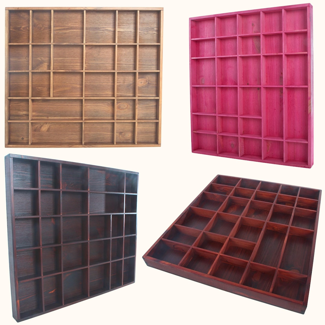 Wooden Display Trinkets Shelf 28 Compartments Shadow Box Small Items ...
