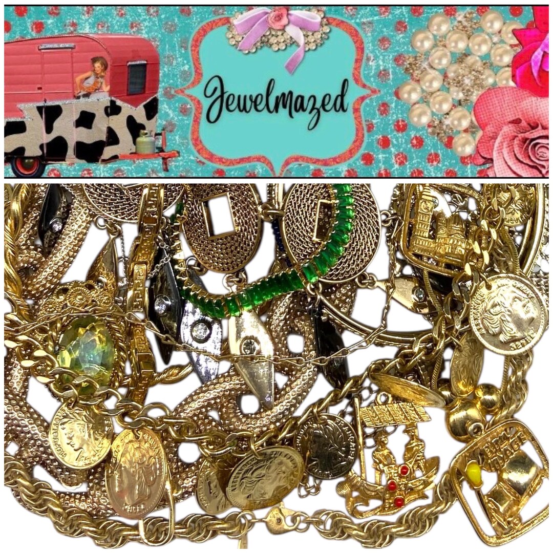 Mystery GOLD TONE Costume Jewelry Lot Vintage Wearable Craft Bulk Lb ...