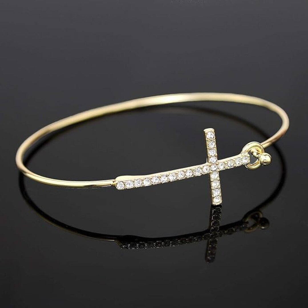 CZ Crystal Sideways Cross Bangle Bracelet Dainty Thin Wire Gold Cuff ...