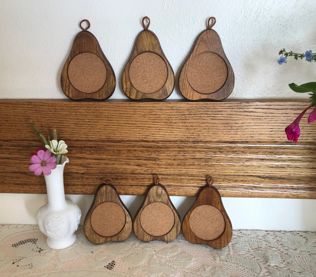 Mid Century Pear Shape Wood Cork Hangable Coasters With Leather Loops ...
