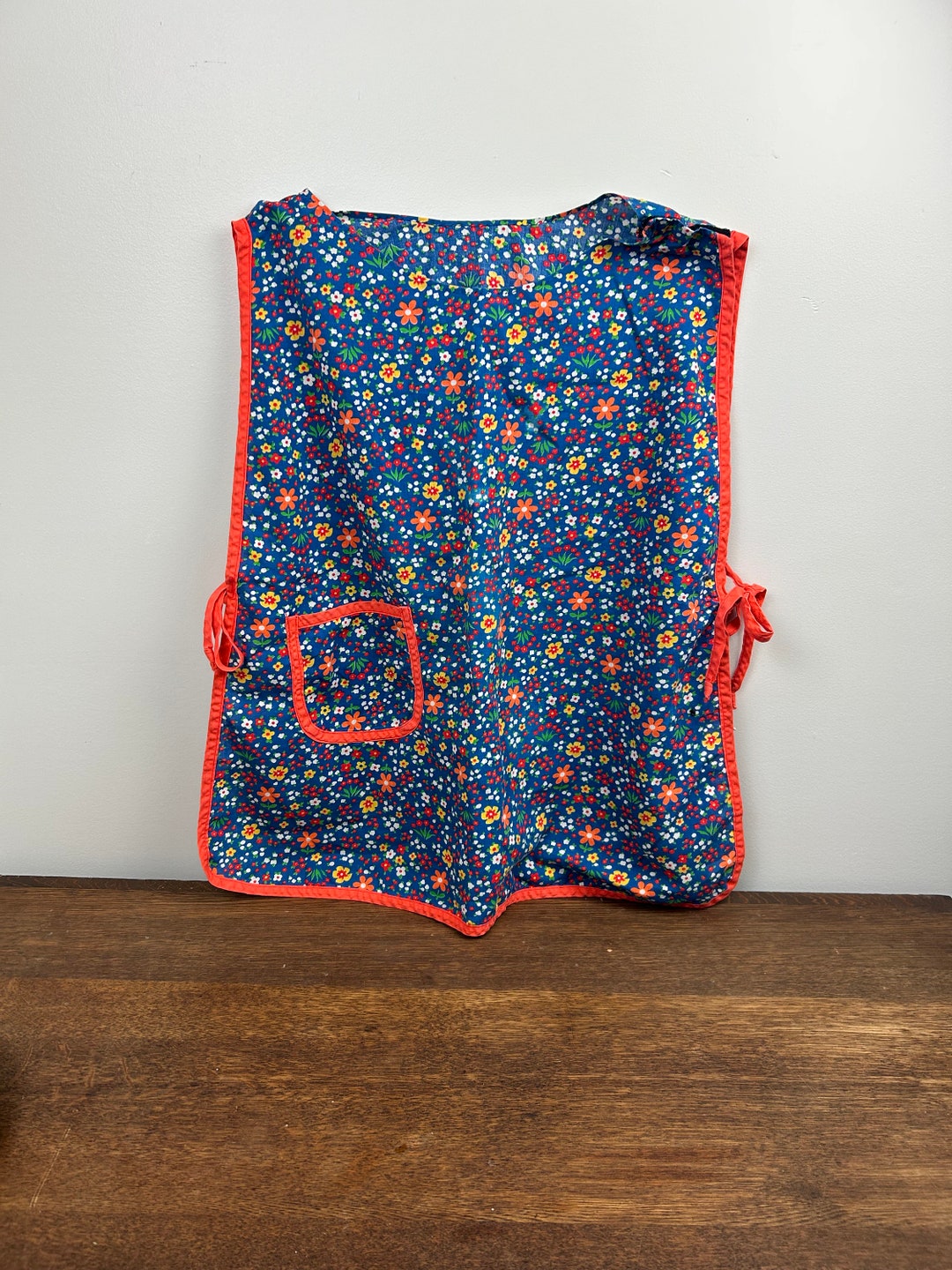 Vintage Blue Floral With Orange Trim Smock Apron With Pocket, Velcro ...