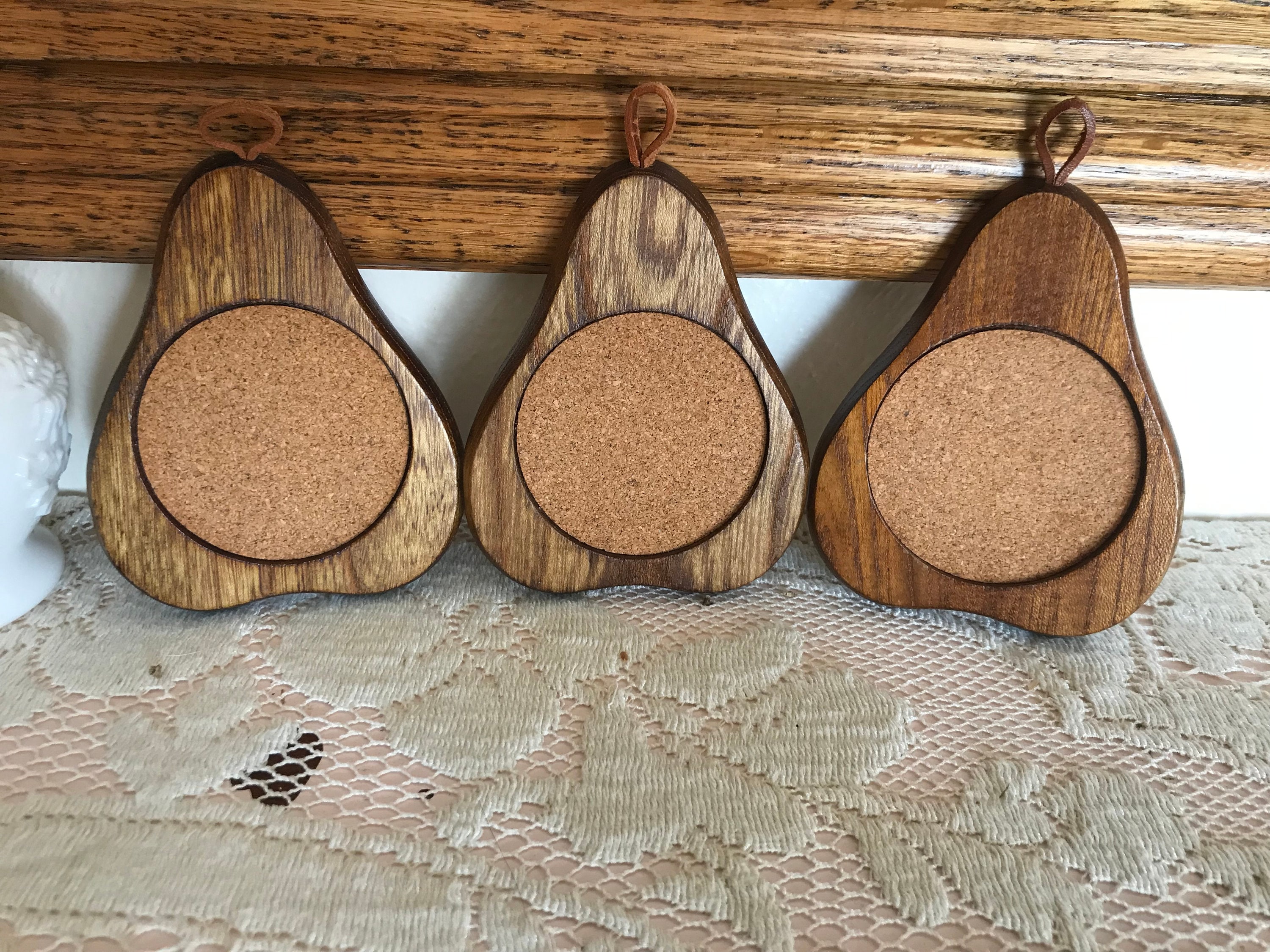 Mid Century Pear Shape Wood Cork Hangable Coasters With Leather Loops ...