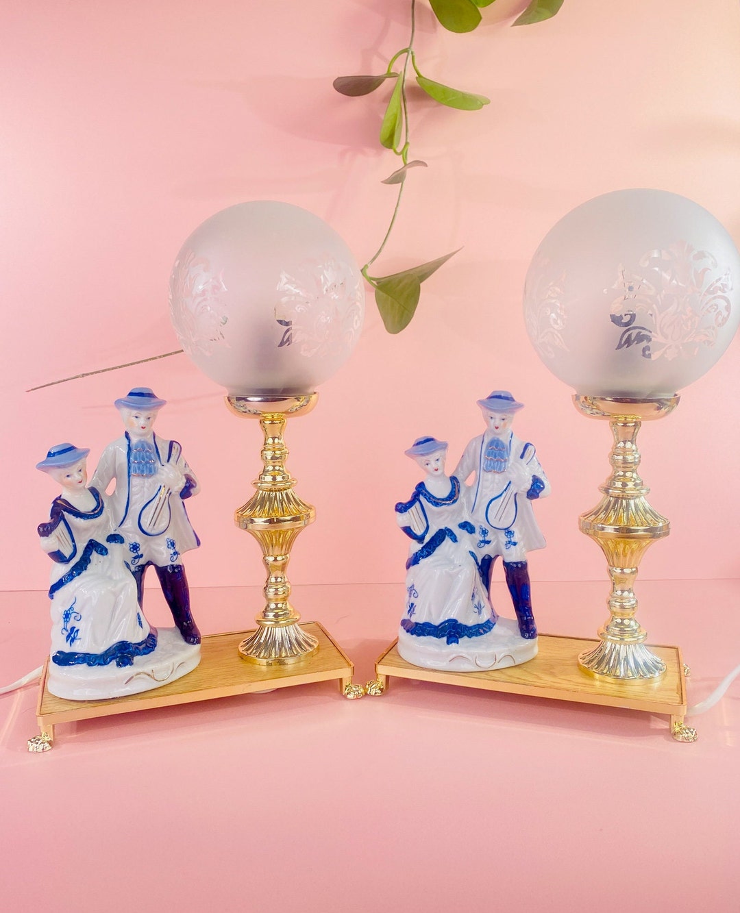 Porcelain Table Lamp, Man and Woman Musicians, Ball Lamp Gold, Bedside ...