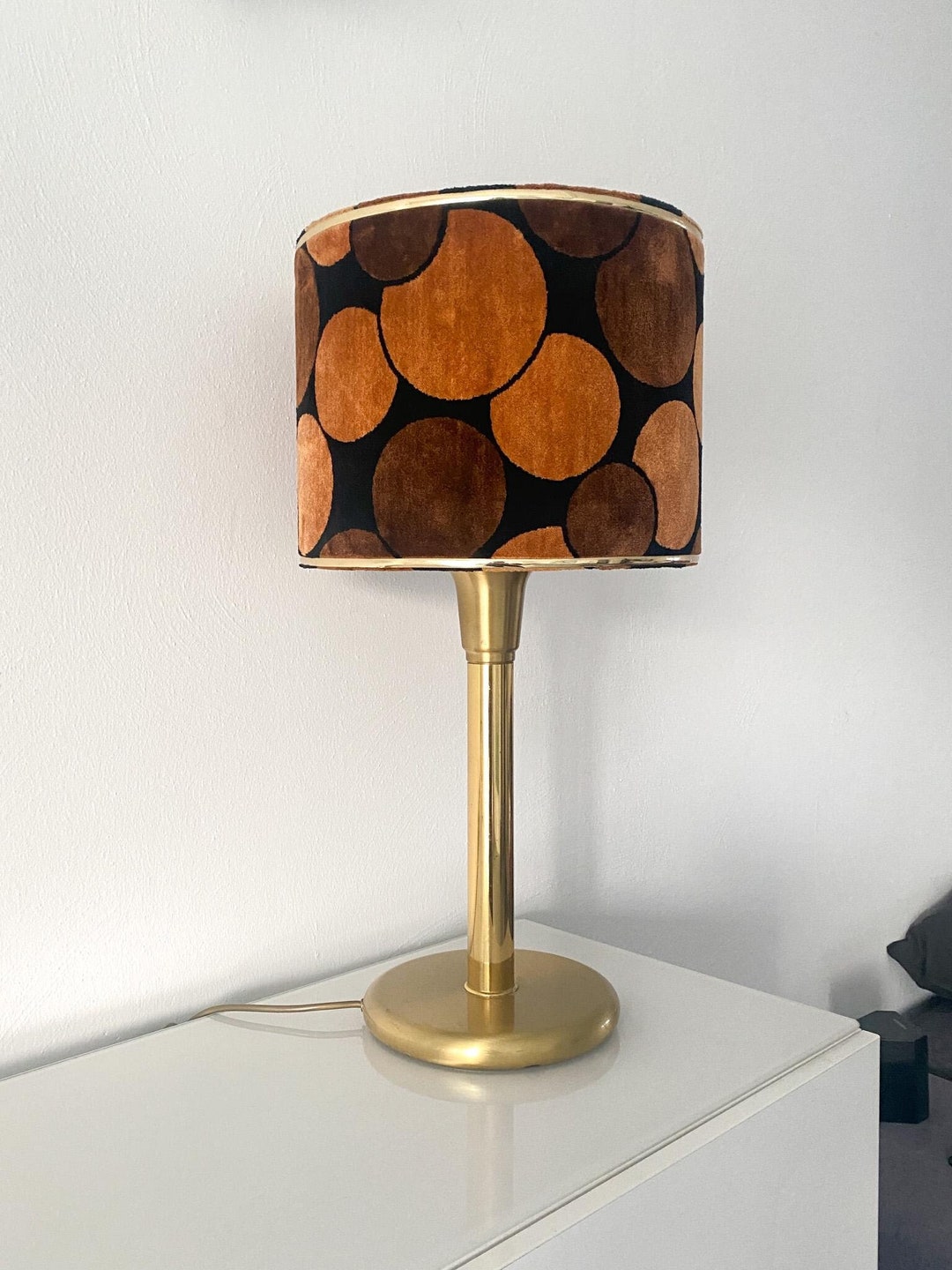 Table Lamp Hollywood Regency Velvet Shade Brown Orange Bubble Pattern ...
