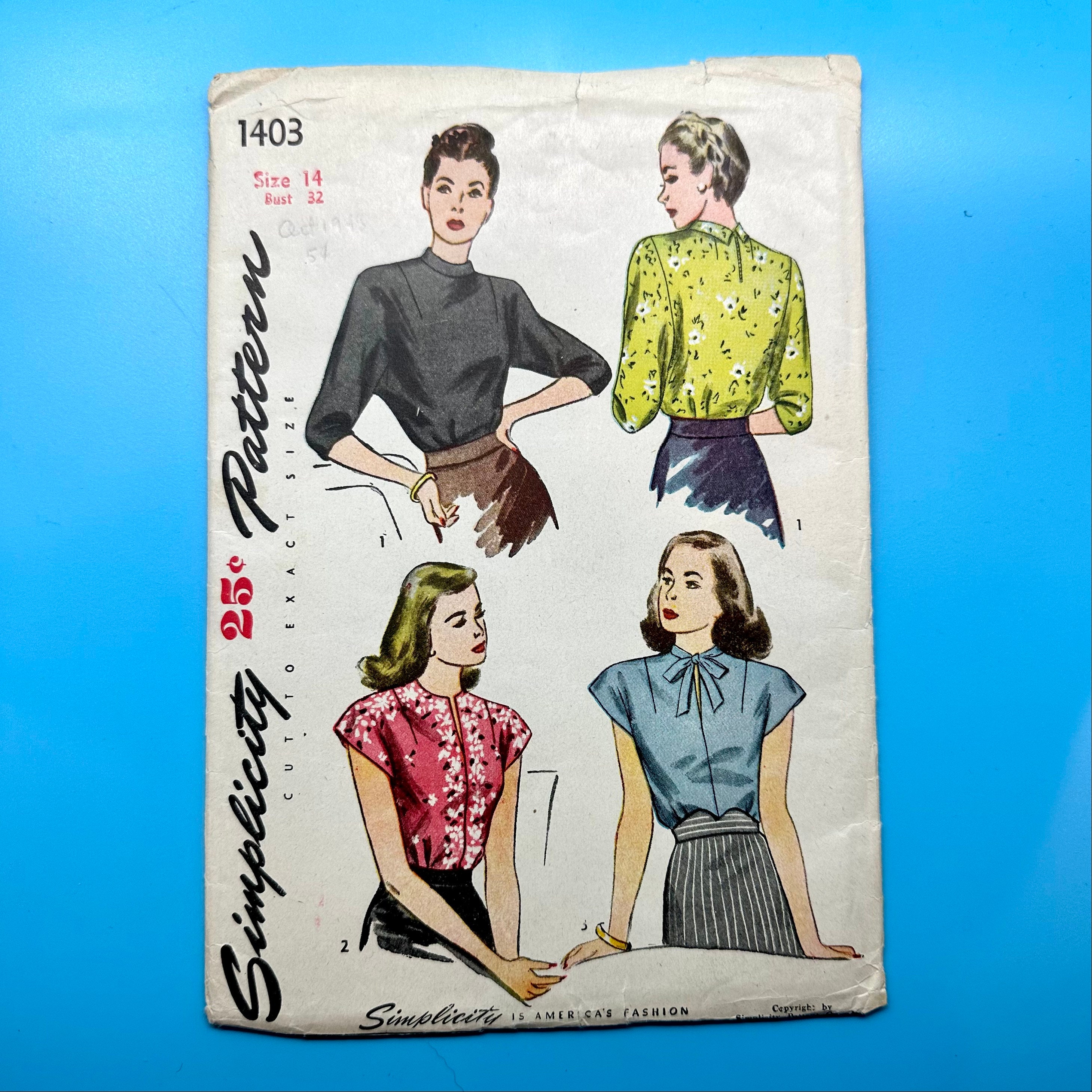 Simplicity 1403 1940's Misses' and Womens' Blouses Vintage Sewing Cut ...