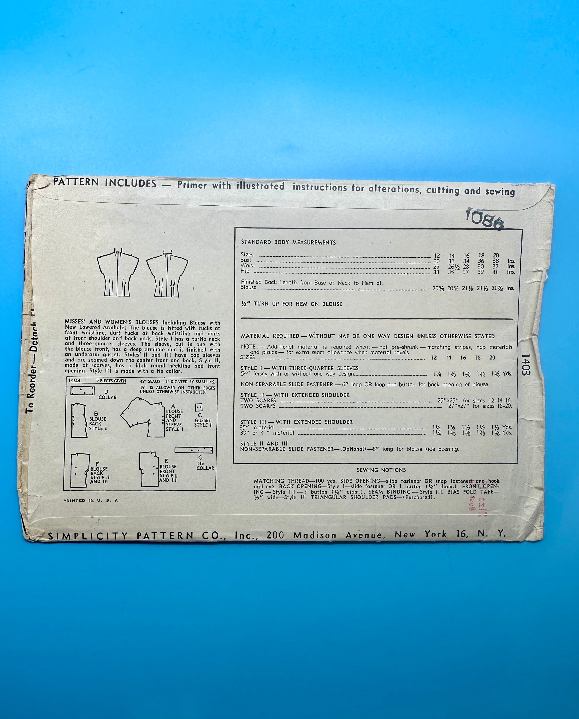 Simplicity 1403 1940's Misses' and Womens' Blouses Vintage Sewing Cut ...