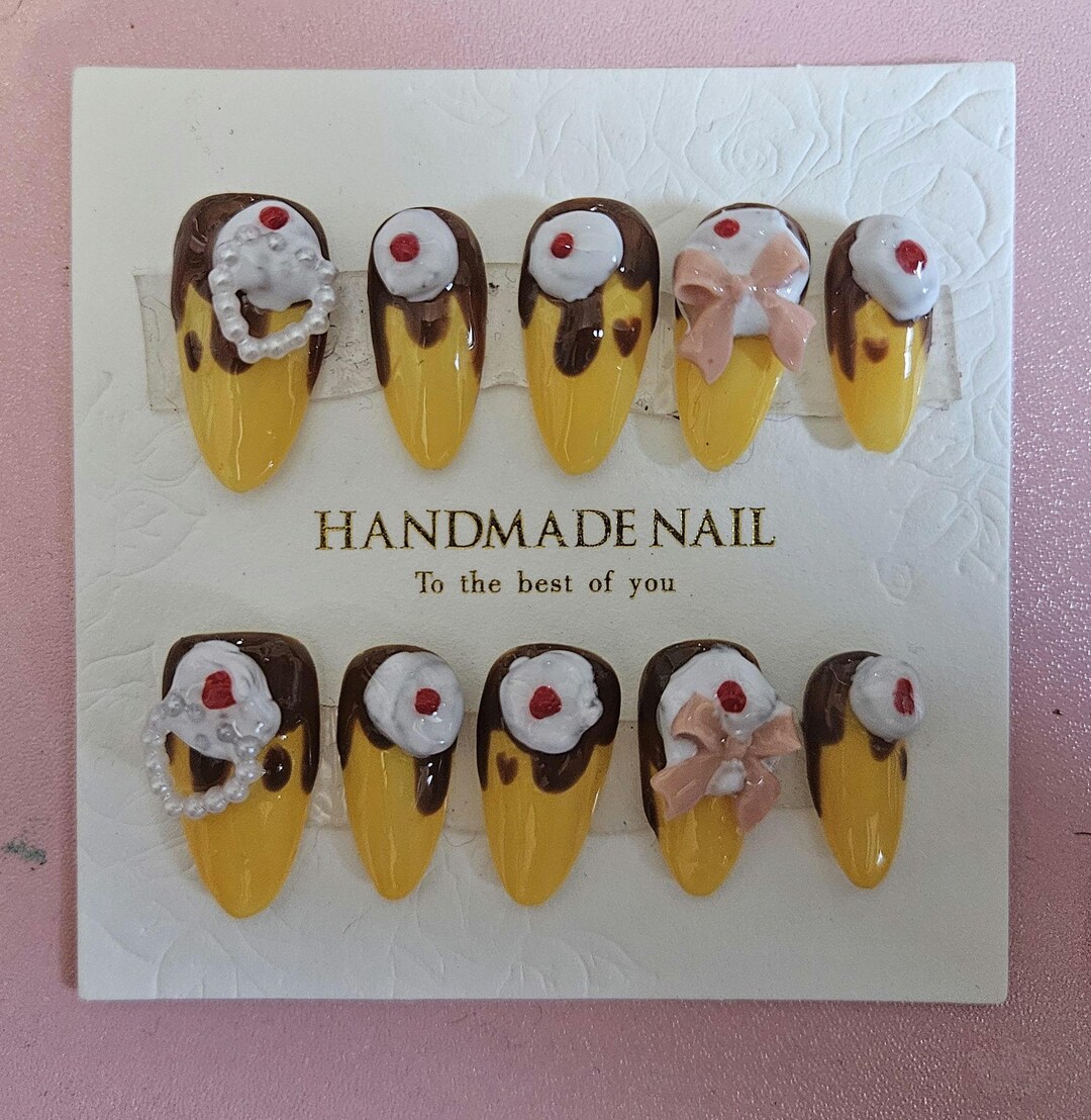 Kawaii Custard Pudding Princess Press on Nails, Almond Custom Size ...