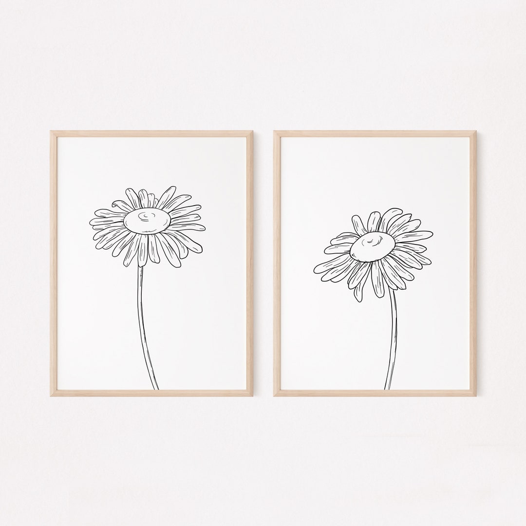 Daisy Wall Art Printable, Black and White Prints Set of 2, Flower Line ...