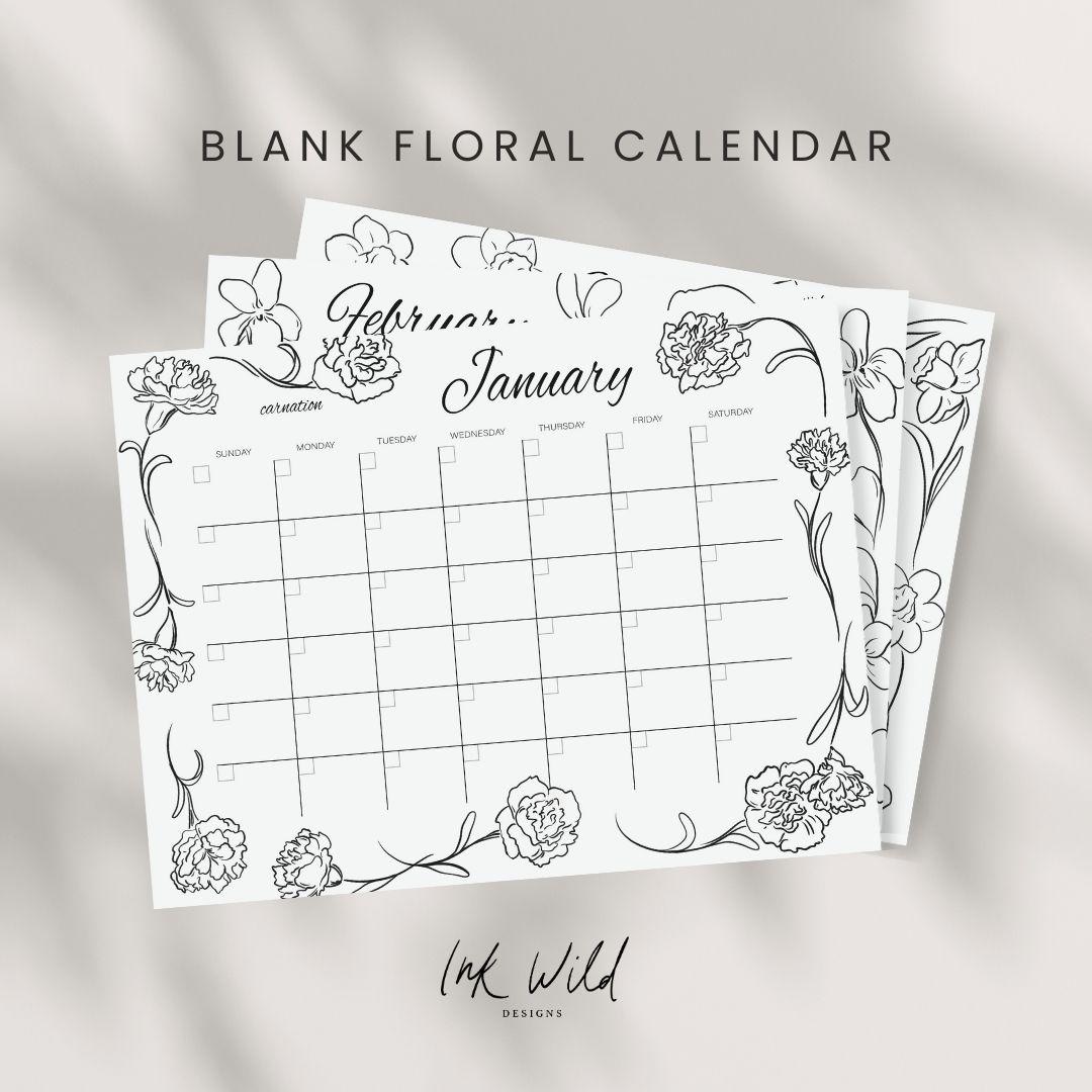 Floral Calendar Printable: Minimalist Black and White Design (PDF ...