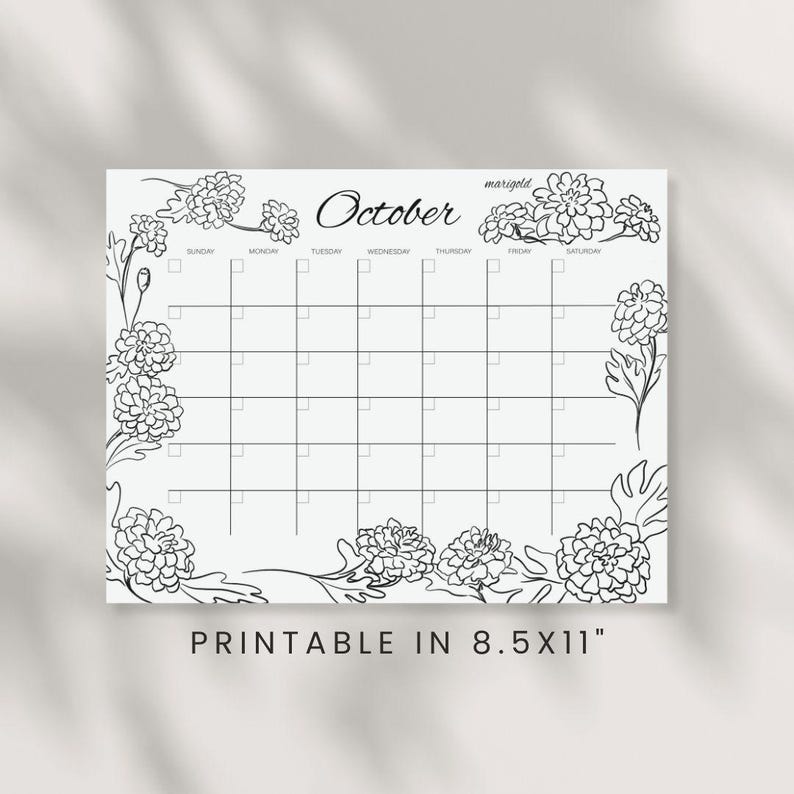 Floral Calendar Printable: Minimalist Black and White Design (PDF ...