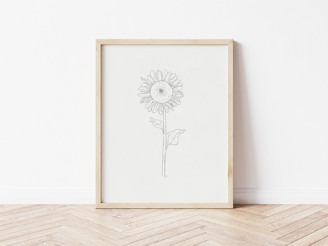 Sunflower Line Wall Art Print, Sunflower Art Print Botanical, Neutral ...