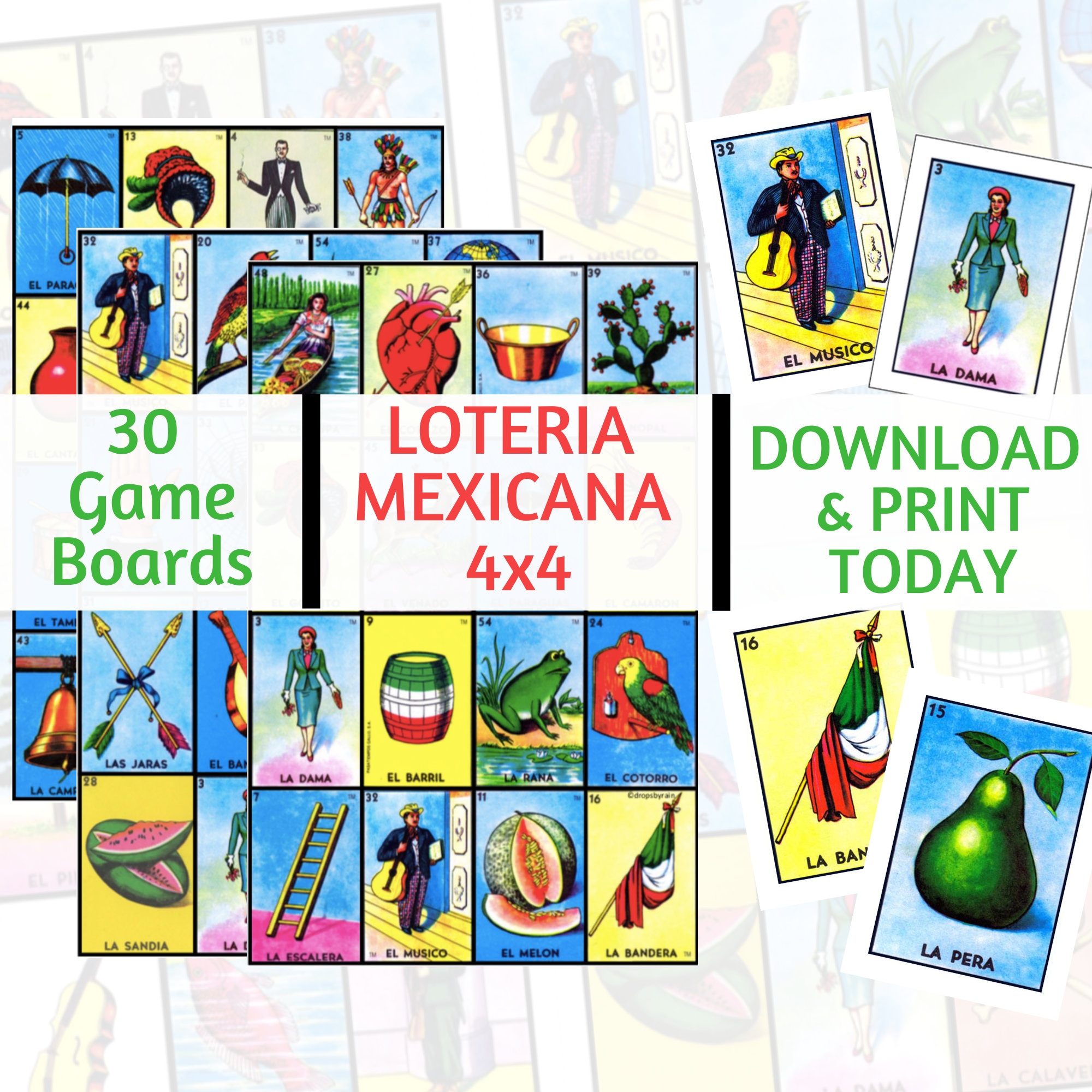 30 Loteria Cards4x4 Game Boards Digital File Instant | Etsy