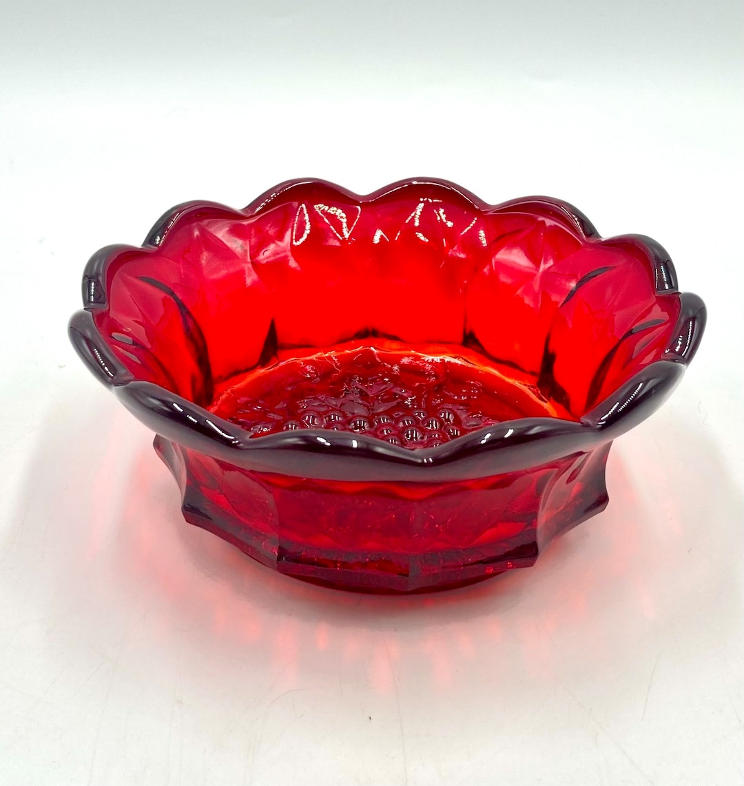 Vintage Fenton Glass Ruby Red Bowl, Scalloped Edge Dish, Diamond ...