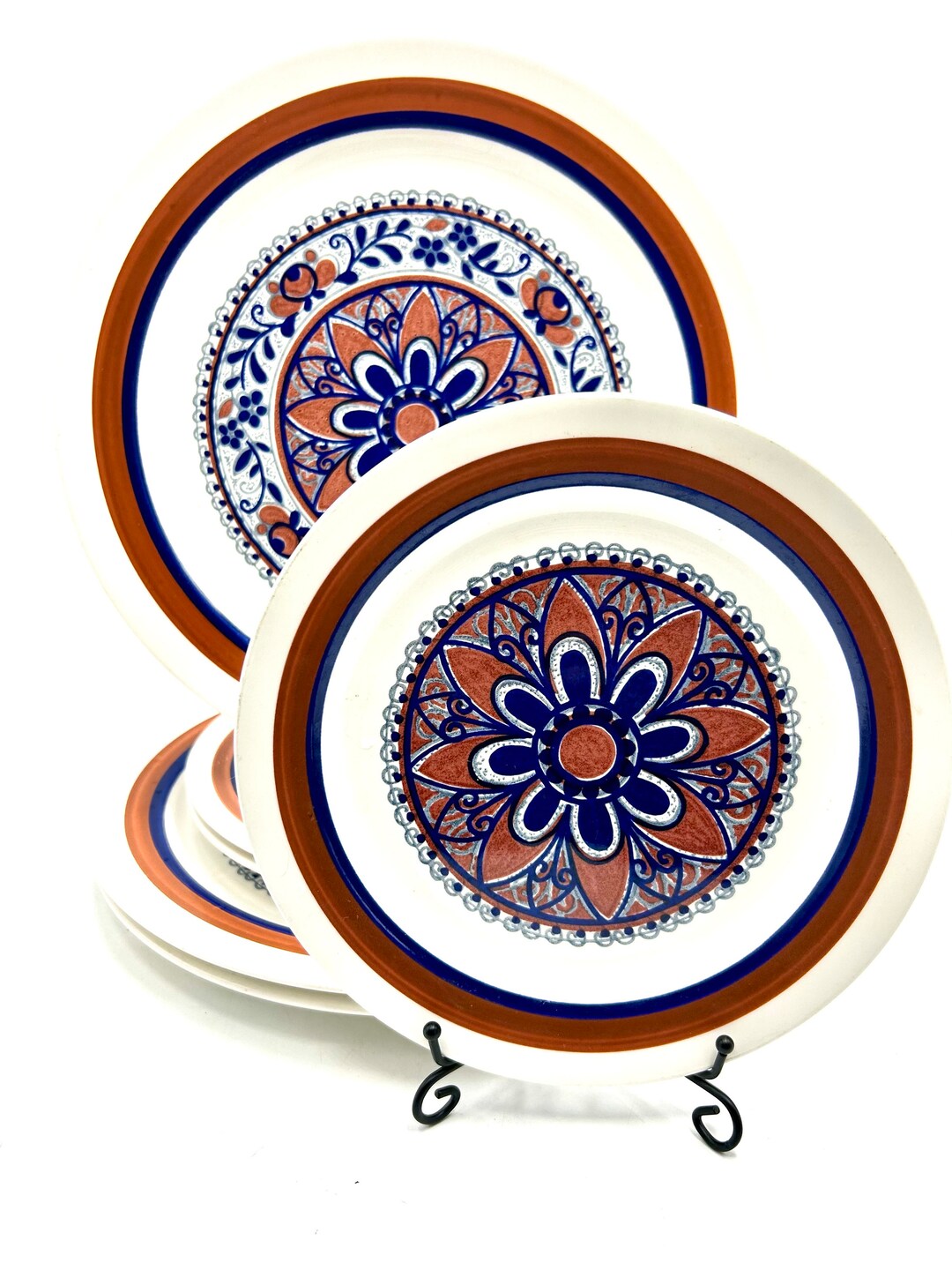 Vintage Noritake Craftone Lunch/salad, Dinner Plates, Dark Blue, Rust ...