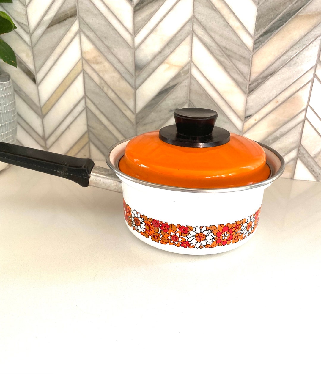 Vintage Retro Enamelware Sauce Pan, Made in Poland 14 Orange, Brown ...