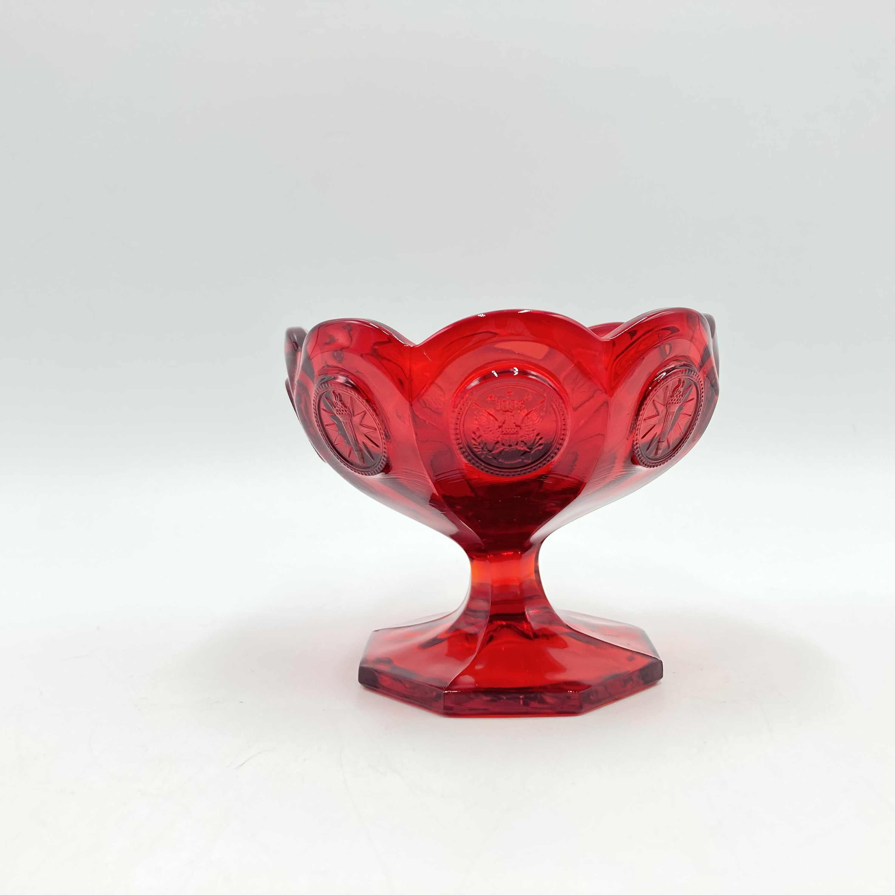 Vintage Fostoria Glass Ruby Red Coin Pedestal Bowl, Dots, Eagles, Coins ...