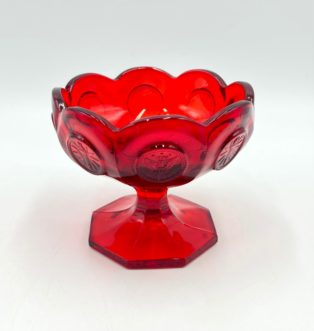 Vintage Fostoria Glass Ruby Red Coin Pedestal Bowl, Dots, Eagles, Coins ...