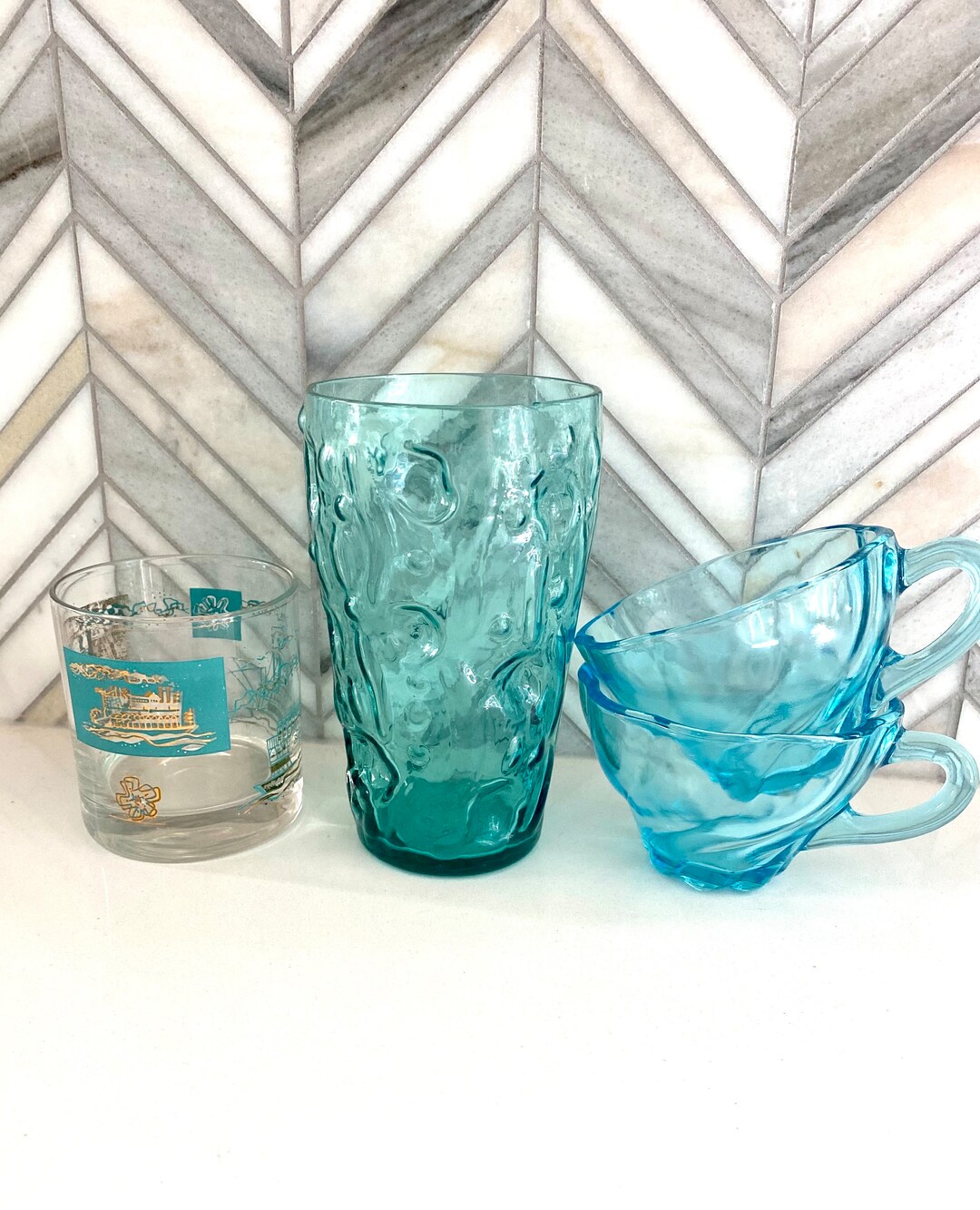 Vintage Blue Glasses: Decatur Glass Blue Crinkle Water Tumbler, Gold ...