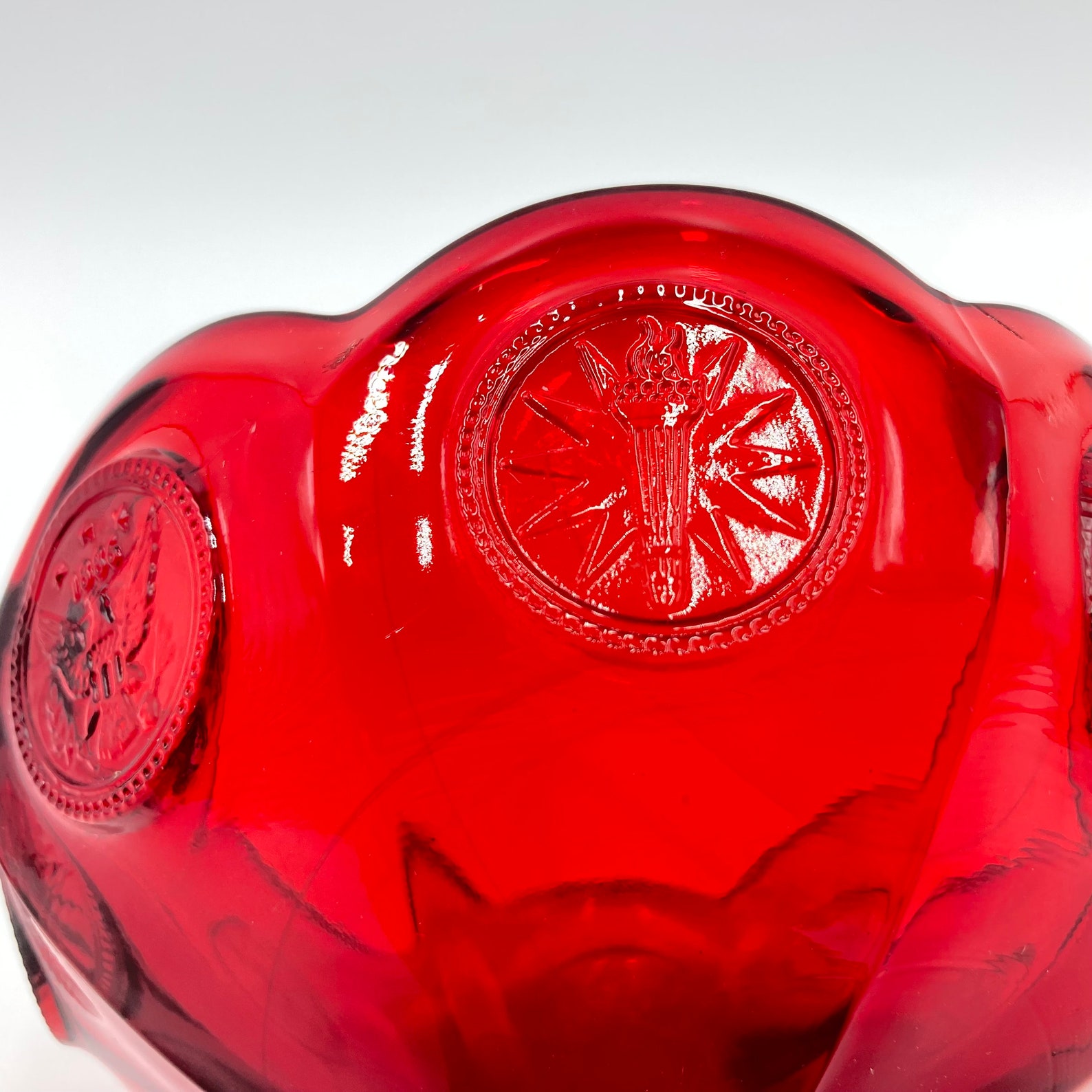 Vintage Fostoria Glass Ruby Red Coin Pedestal Bowl, Dots, Eagles, Coins ...