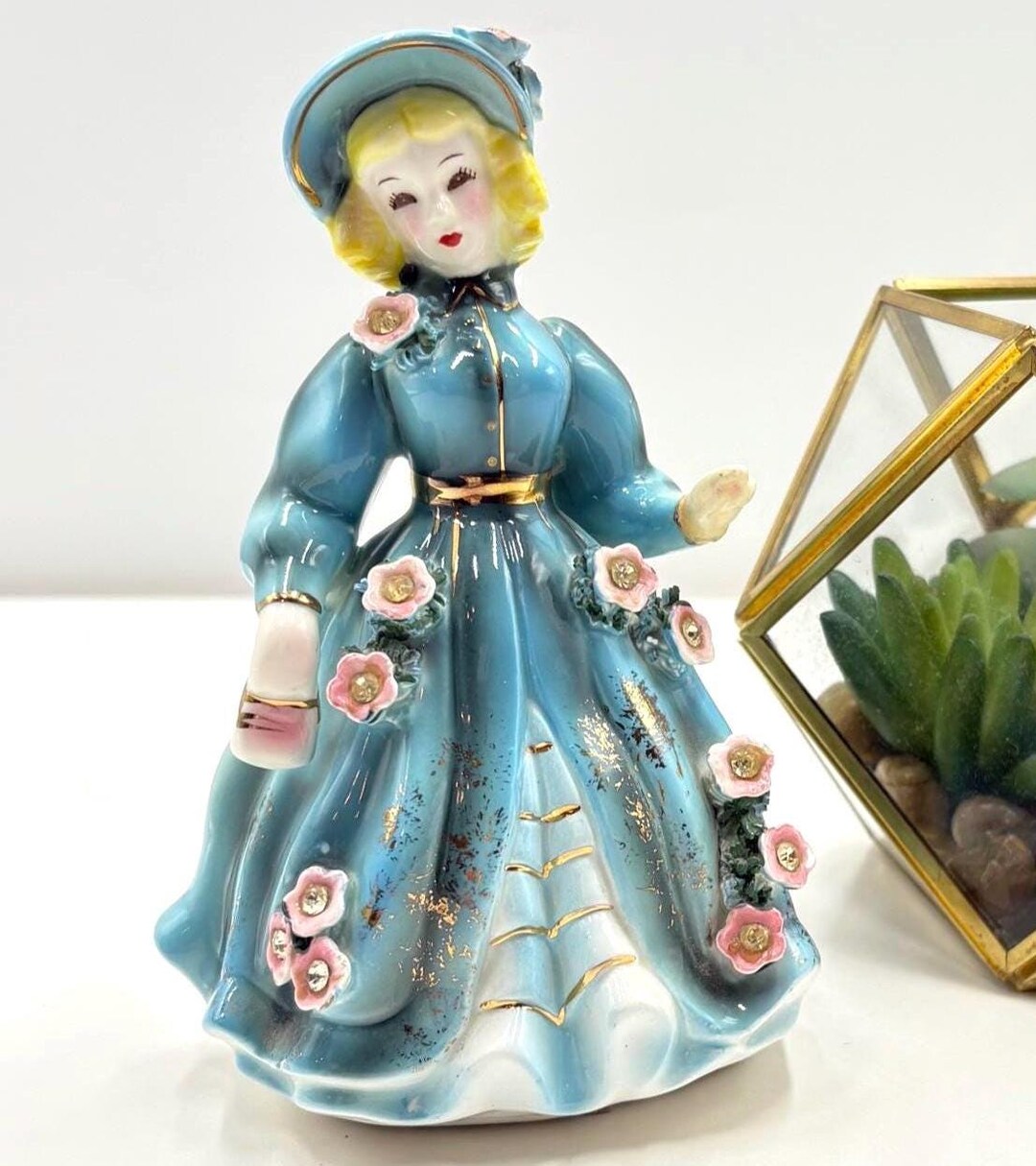 Vintage 50s Geo Z Lefton Figurine, Porcelain, Girl in Blue Dress, Pink ...