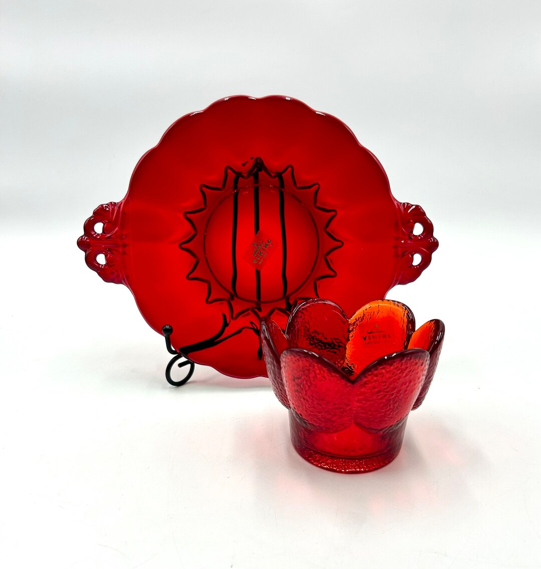 Vintage Viking Glass Red Handled Plate or Votive Petal Candleholder ...