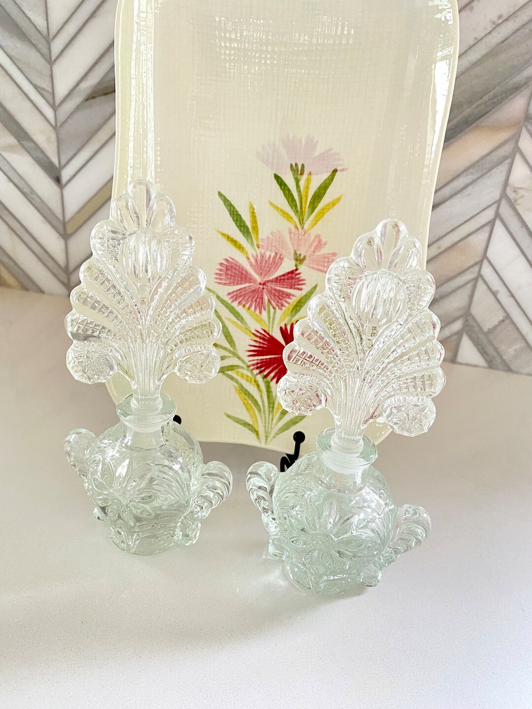Art Deco Clear Glass Perfume Bottles, Set of 2, Imperial Glass, Flower ...