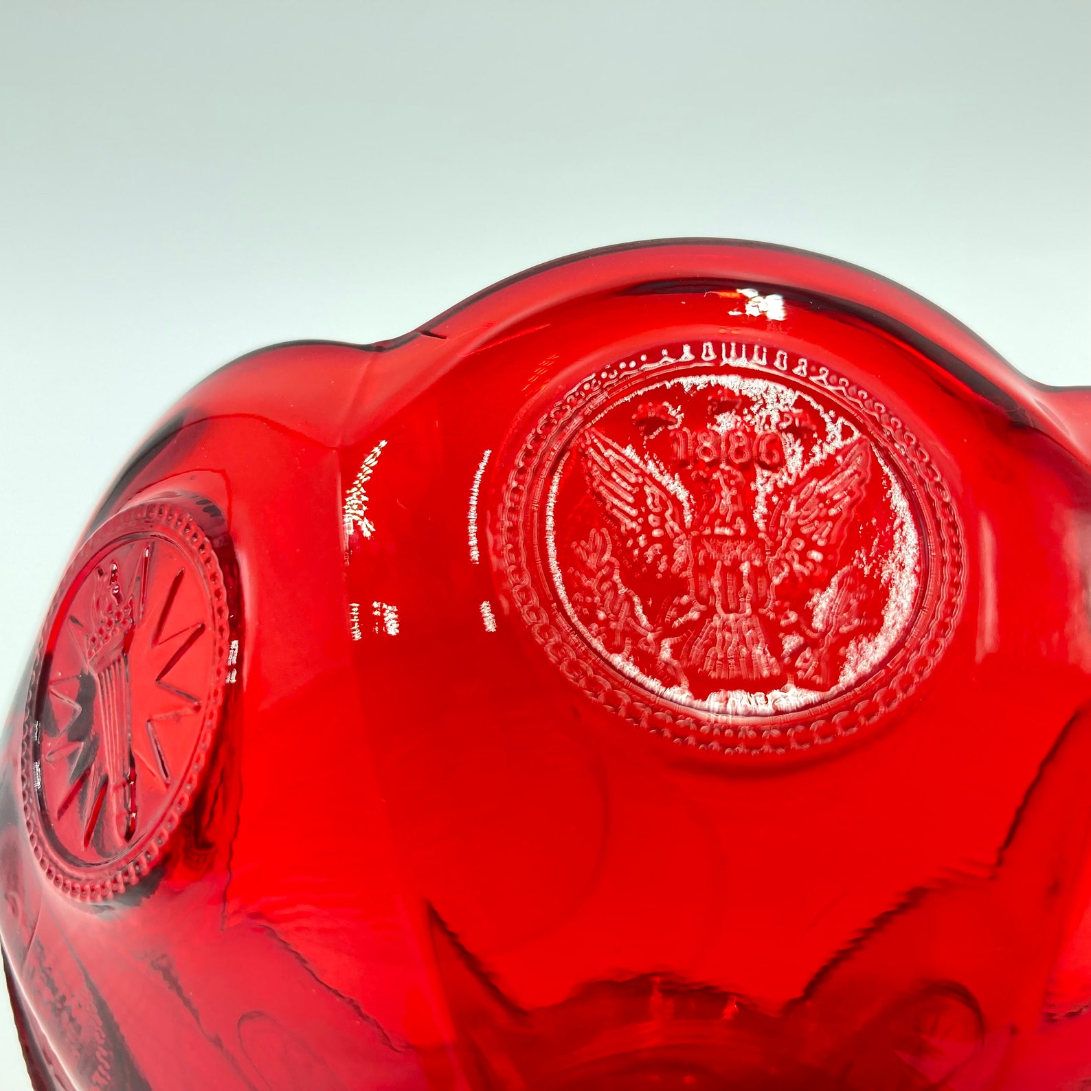 Vintage Fostoria Glass Ruby Red Coin Pedestal Bowl, Dots, Eagles, Coins ...